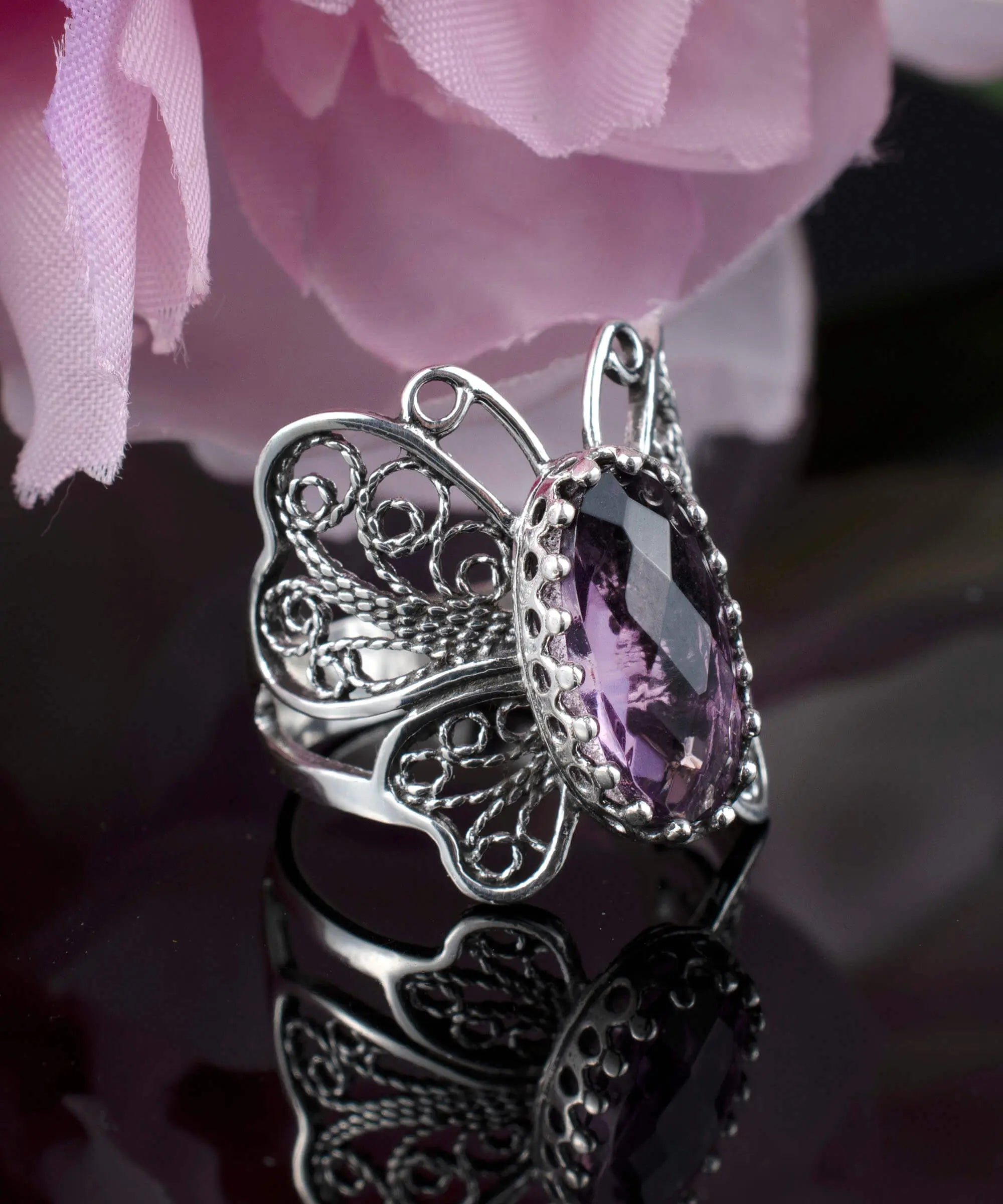 Filigree Amethyst Gemstone Butterfly Design Women Silver Cocktail Ring ...