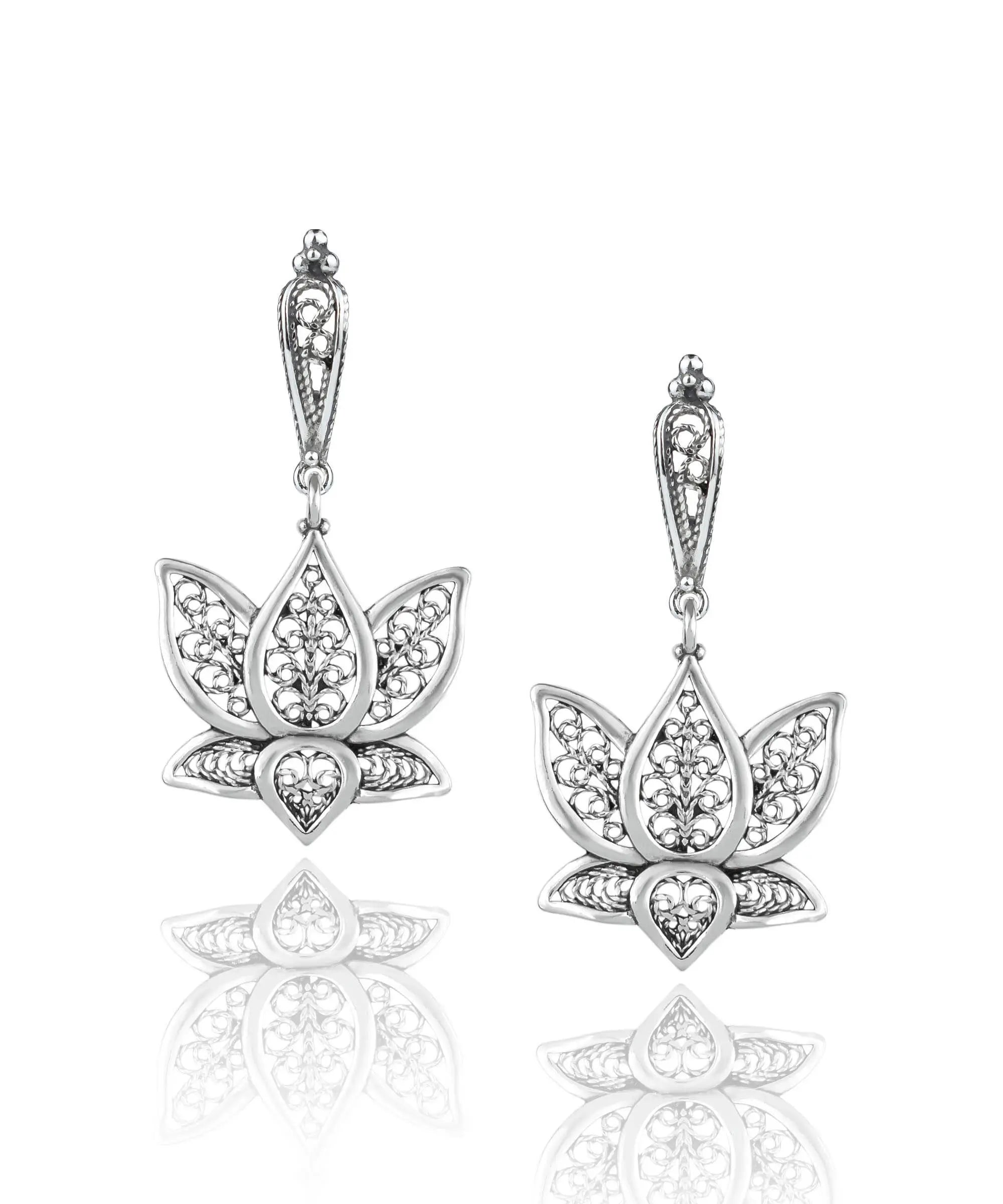 Filigree Art Lotus Flower Women Silver Dangle Drop– Filigranist Jewelry