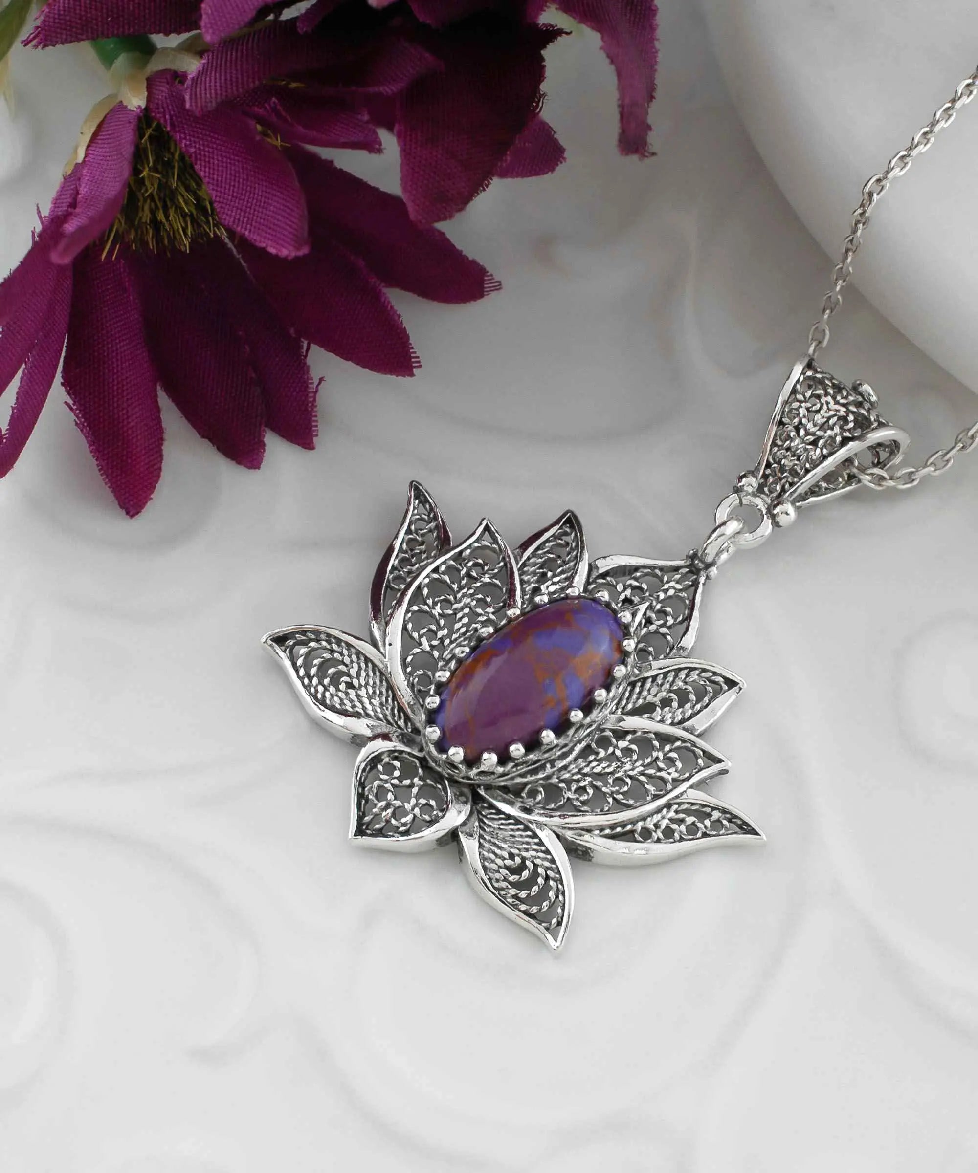 Filigree Mojave Turquoise Gemstone Lotus Flower Women Silver Necklace ...