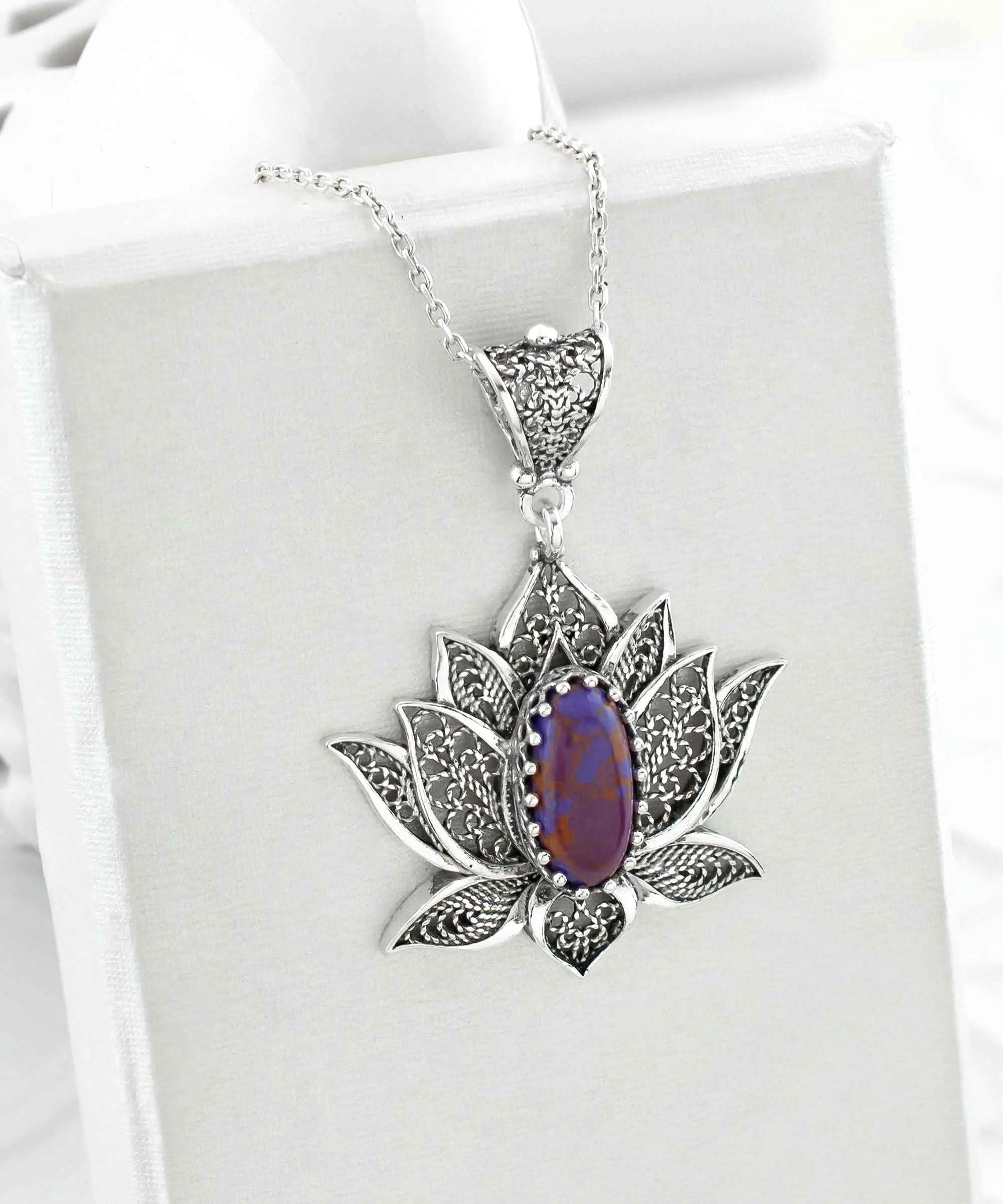 Filigree Mojave Turquoise Gemstone Lotus Flower Women Silver Necklace ...