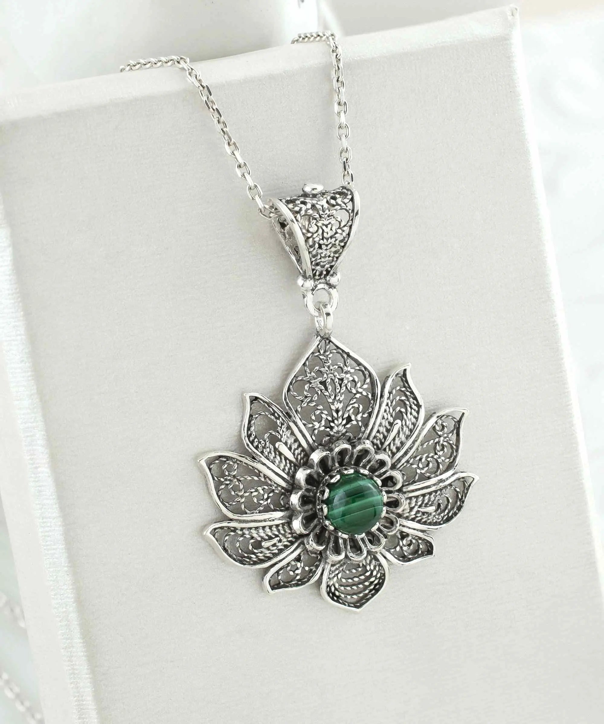Filigree Art Silver Lotus Flower Malachite Gemstone– Filigranist Jewelry