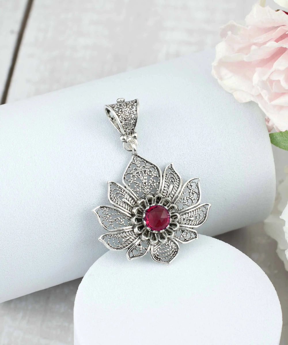 Filigree Silver Lotus Flower Ruby Gemstone Women Pendant Necklace ...