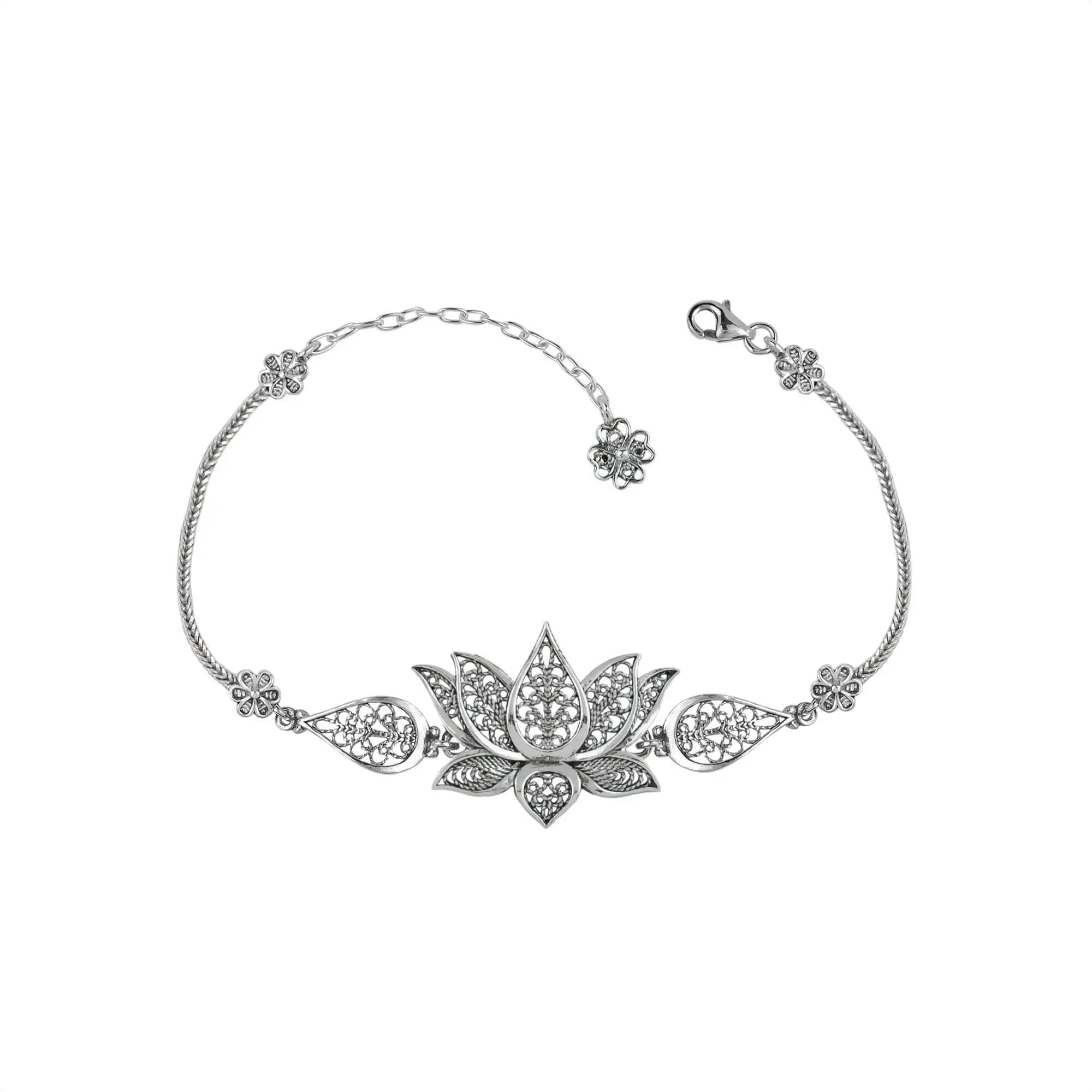 Sterling Silver Filigree Art Lotus Flower Design Woman Link Bracelet ...