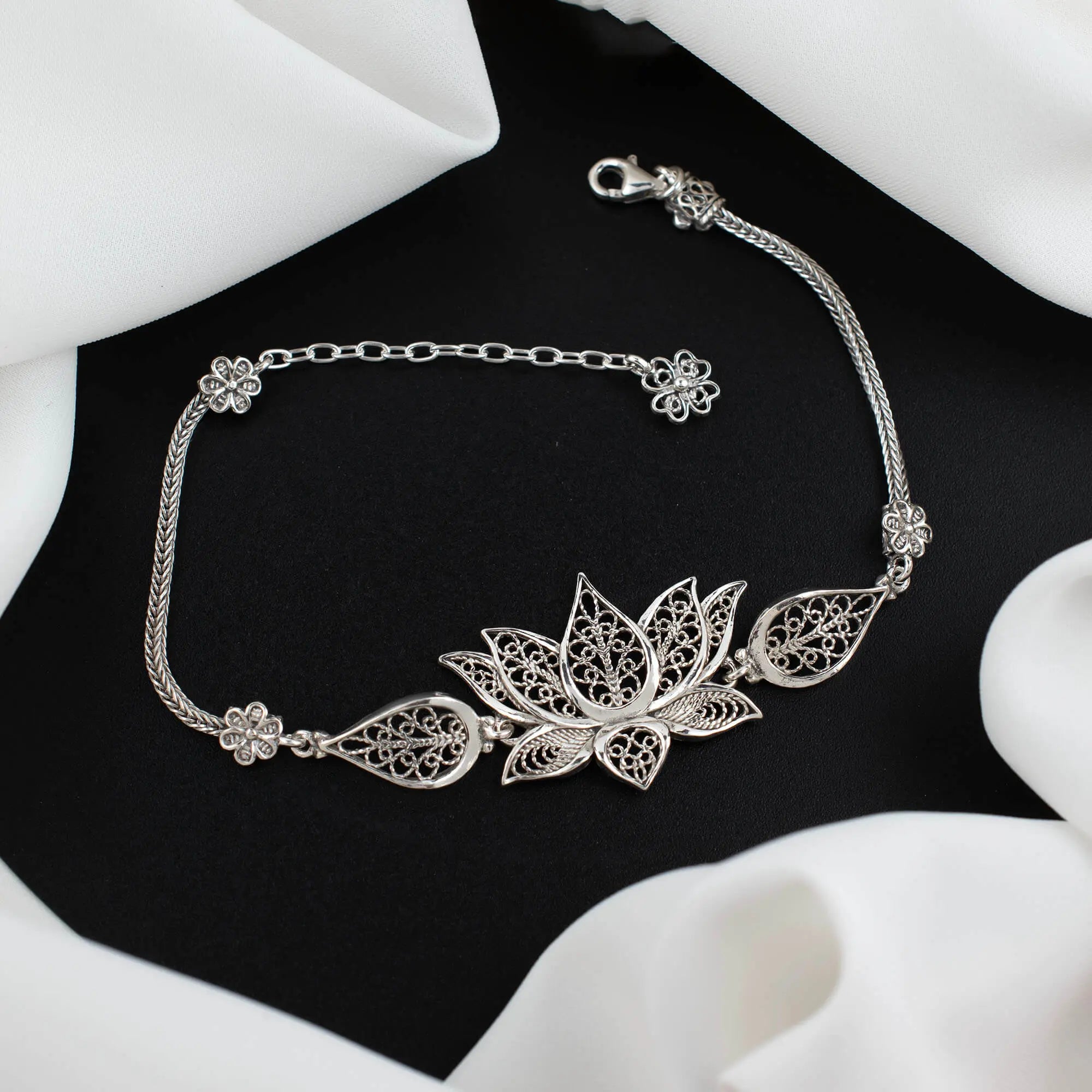 Sterling Silver Filigree Art Lotus Flower Design Woman Link Bracelet ...